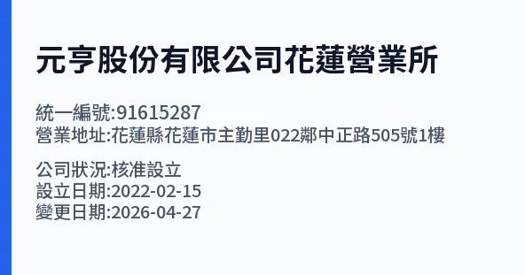 元亨股份有限公司花蓮營業所的照片-統編 91615287(花蓮縣) 公司登記資料與營業項目詳細圖表