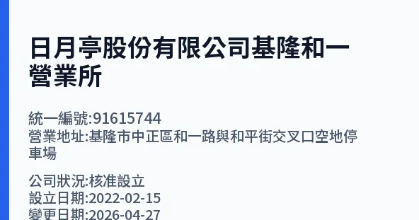 日月亭股份有限公司基隆和一營業所的照片-統編 91615744(基隆市) 公司登記資料與營業項目詳細圖表