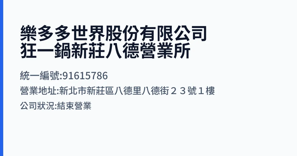 樂多多世界股份有限公司狂一鍋新莊八德營業所 - 統編 91615786(新北市) 公司登記資料與營業項目詳細圖表