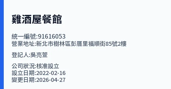 雞酒屋餐館的照片-統編 91616053(新北市) 公司登記資料與營業項目詳細圖表