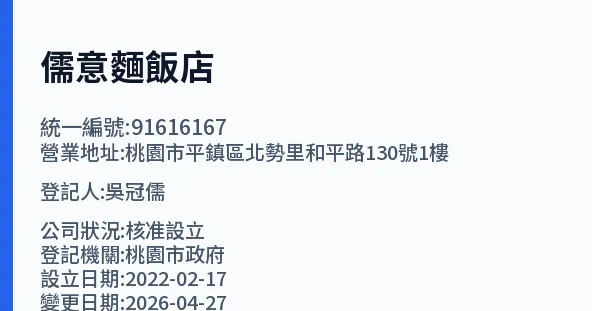 儒意麵飯店的照片-統編 91616167(桃園市) 公司登記資料與營業項目詳細圖表