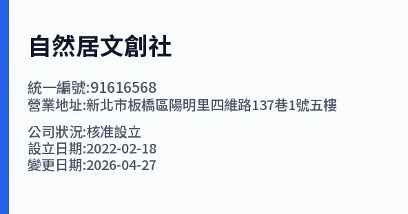 自然居文創社的照片-統編 91616568(新北市) 公司登記資料與營業項目詳細圖表