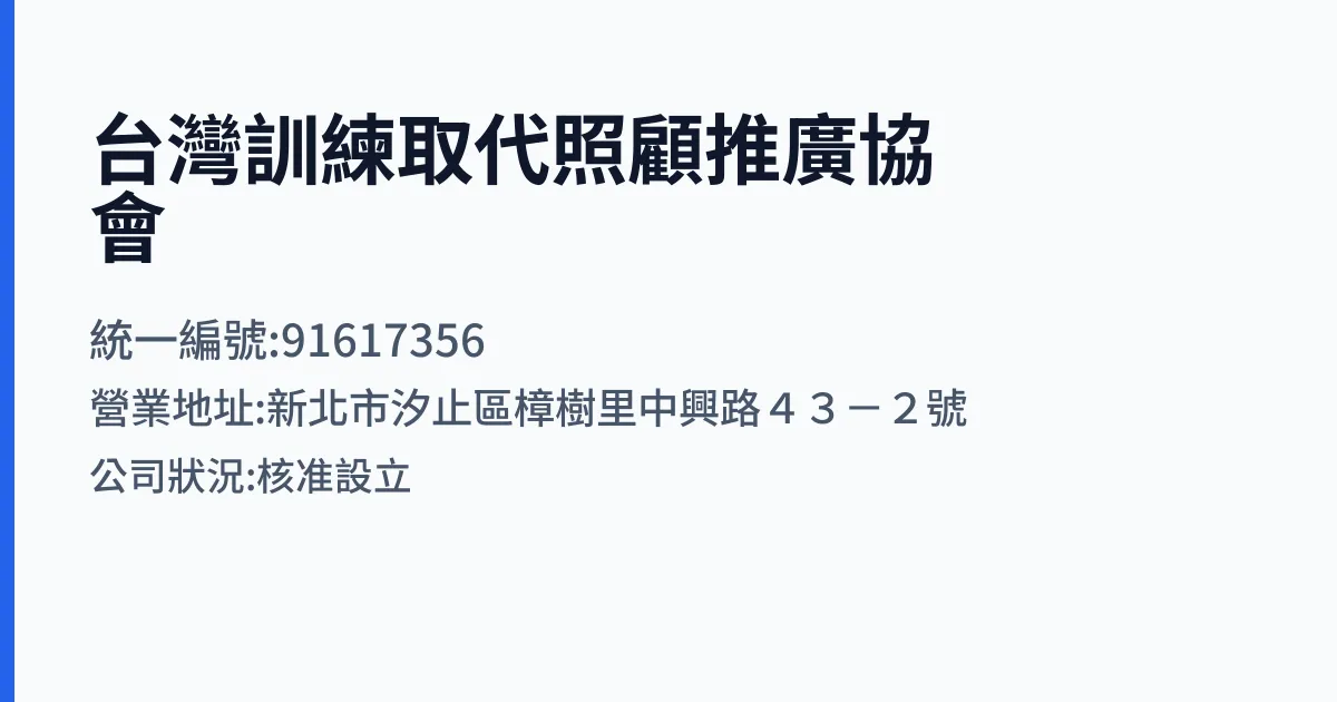 台灣訓練取代照顧推廣協會 - 統編 91617356(新北市) 公司登記資料與營業項目詳細圖表