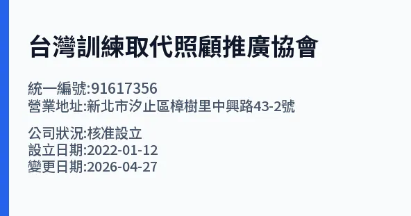 台灣訓練取代照顧推廣協會的照片-統編 91617356(新北市) 公司登記資料與營業項目詳細圖表