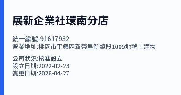 展新企業社環南分店的照片-統編 91617932(桃園市) 公司登記資料與營業項目詳細圖表