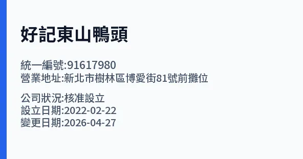 好記東山鴨頭的照片-統編 91617980(新北市) 公司登記資料與營業項目詳細圖表
