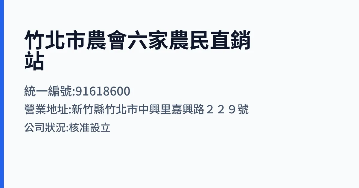 竹北市農會六家農民直銷站 - 統編 91618600(新竹縣) 公司登記資料與營業項目詳細圖表