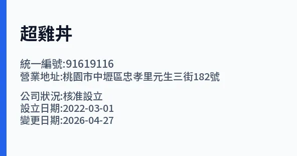 超雞丼的照片-統編 91619116(桃園市) 公司登記資料與營業項目詳細圖表