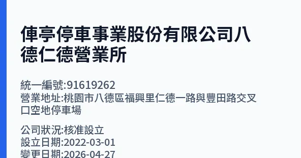 俥亭停車事業股份有限公司八德仁德營業所的照片-統編 91619262(桃園市) 公司登記資料與營業項目詳細圖表
