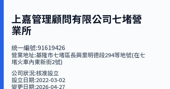 上嘉管理顧問有限公司七堵營業所的照片-統編 91619426(基隆市) 公司登記資料與營業項目詳細圖表
