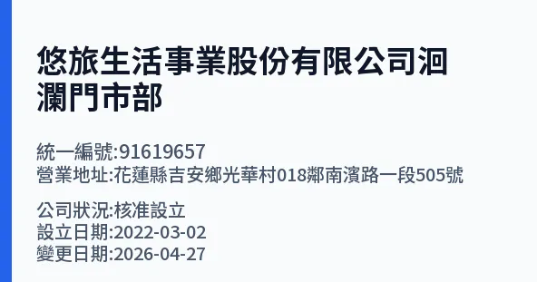 悠旅生活事業股份有限公司洄瀾門市部的照片-統編 91619657(花蓮縣) 公司登記資料與營業項目詳細圖表