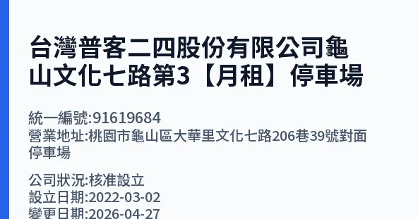 台灣普客二四股份有限公司龜山文化七路第3【月租】停車場的照片-統編 91619684(桃園市) 公司登記資料與營業項目詳細圖表
