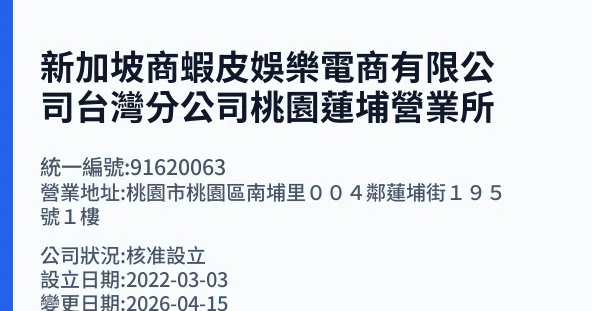 新加坡商蝦皮娛樂電商有限公司台灣分公司桃園蓮埔營業所的照片-統編 91620063(桃園市) 公司登記資料與營業項目詳細圖表