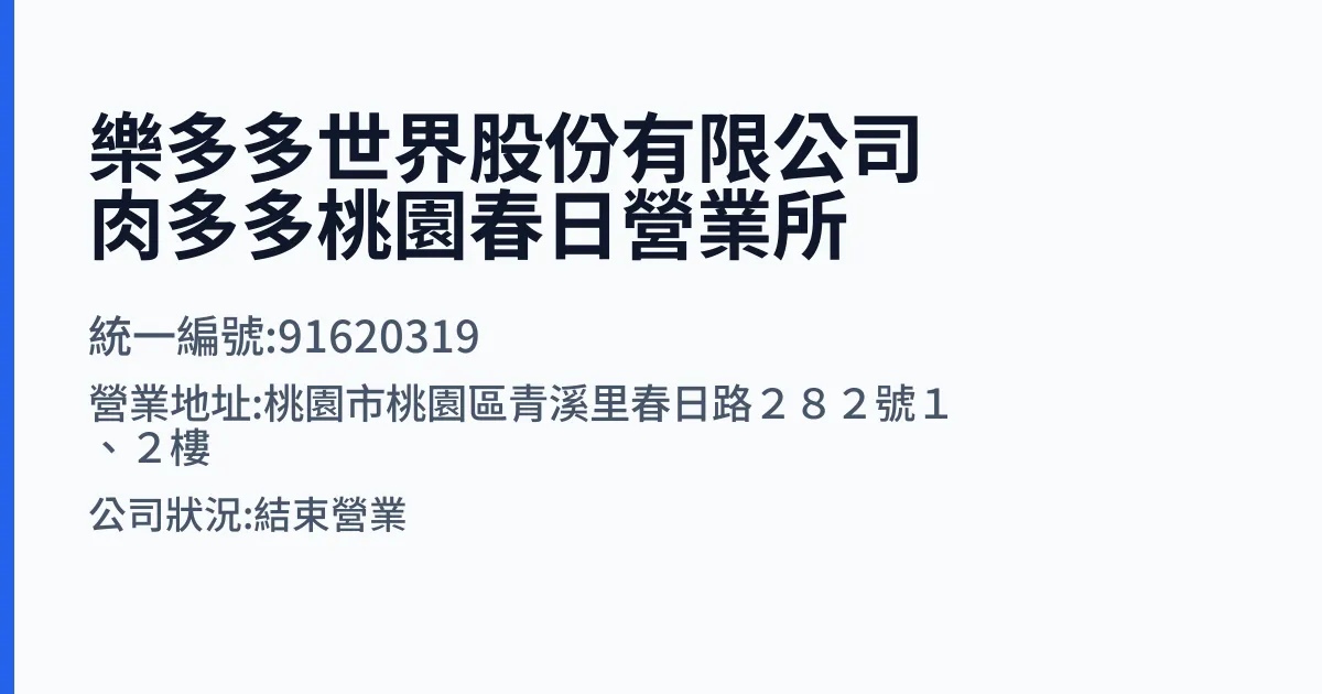 樂多多世界股份有限公司肉多多桃園春日營業所 - 統編 91620319(桃園市) 公司登記資料與營業項目詳細圖表