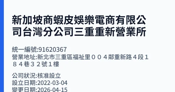新加坡商蝦皮娛樂電商有限公司台灣分公司三重重新營業所的照片-統編 91620367(新北市) 公司登記資料與營業項目詳細圖表