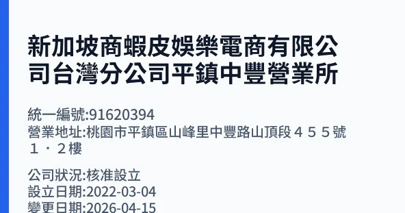 新加坡商蝦皮娛樂電商有限公司台灣分公司平鎮中豐營業所的照片-統編 91620394(桃園市) 公司登記資料與營業項目詳細圖表
