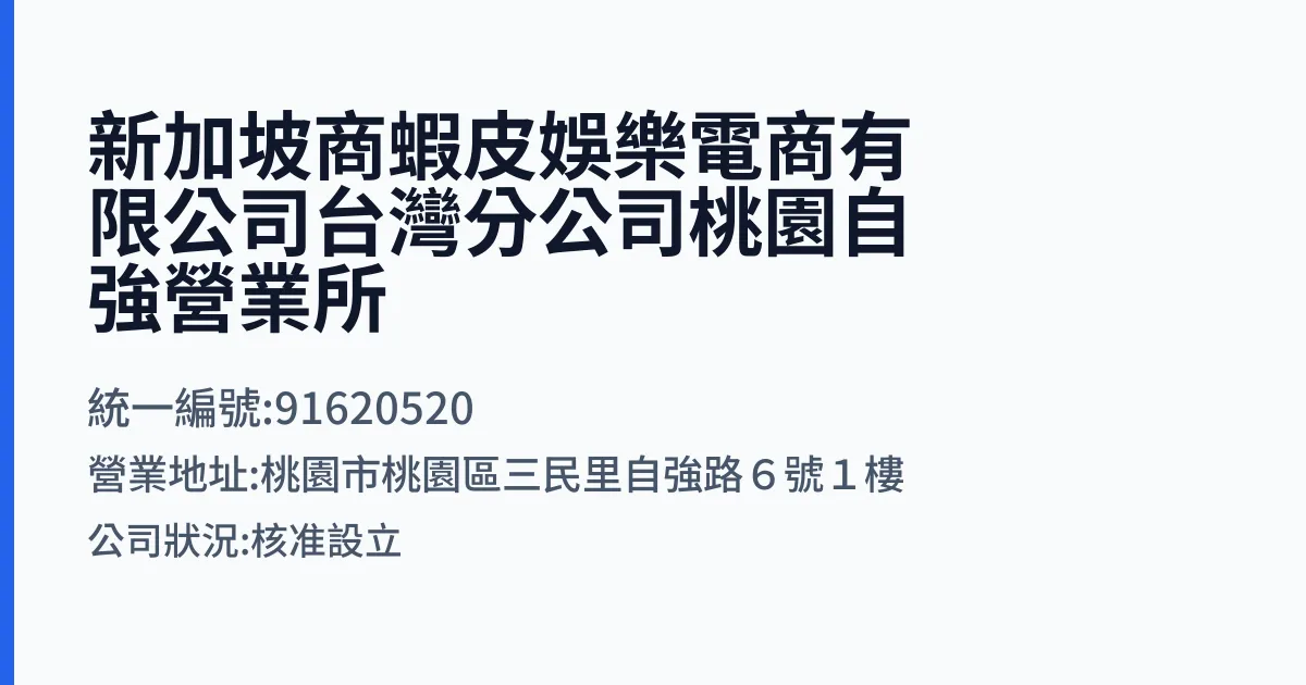 新加坡商蝦皮娛樂電商有限公司台灣分公司桃園自強營業所 - 統編 91620520(桃園市) 公司登記資料與營業項目詳細圖表