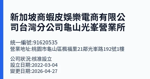 新加坡商蝦皮娛樂電商有限公司台灣分公司龜山光峯營業所的照片-統編 91620535(桃園市) 公司登記資料與營業項目詳細圖表