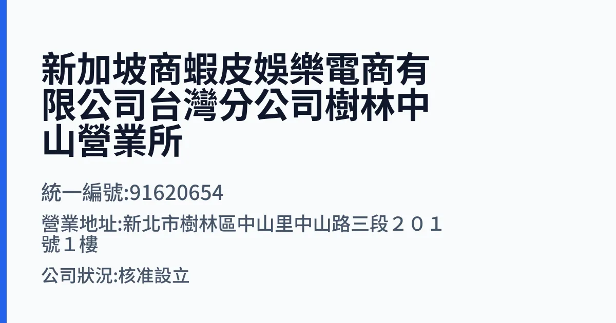 新加坡商蝦皮娛樂電商有限公司台灣分公司樹林中山營業所 - 統編 91620654(新北市) 公司登記資料與營業項目詳細圖表