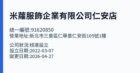 米蘿服飾企業有限公司仁安店的照片-統編 91620850(新北市) 公司登記資料與營業項目詳細圖表
