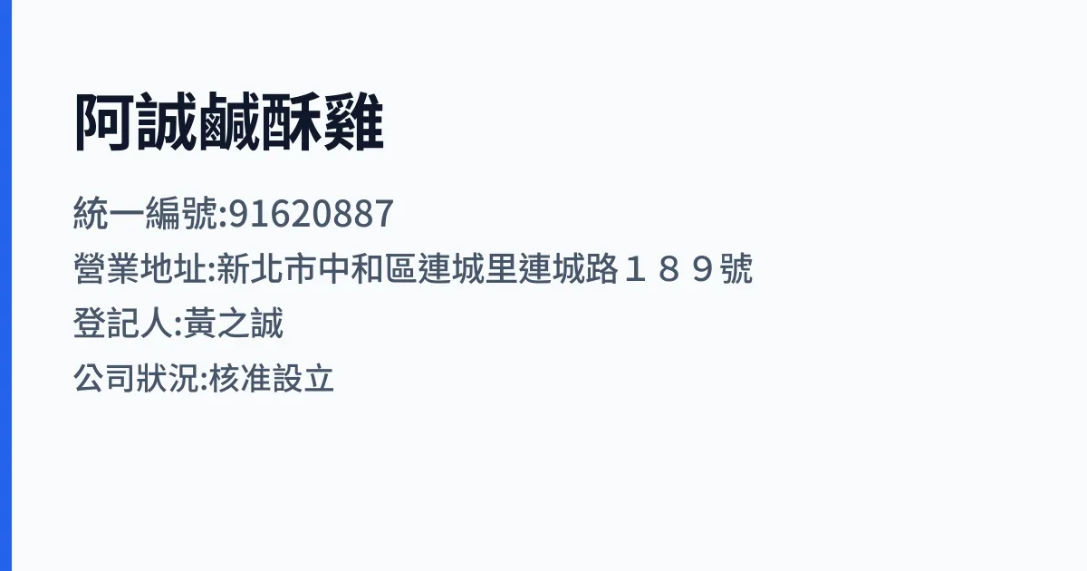 阿誠鹹酥雞 - 統編 91620887(新北市) 公司登記資料與營業項目詳細圖表
