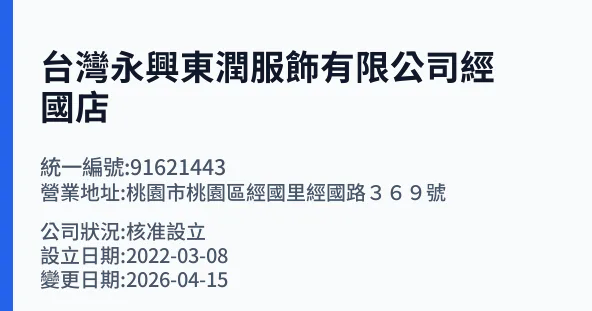 台灣永興東潤服飾有限公司經國店的照片-統編 91621443(桃園市) 公司登記資料與營業項目詳細圖表