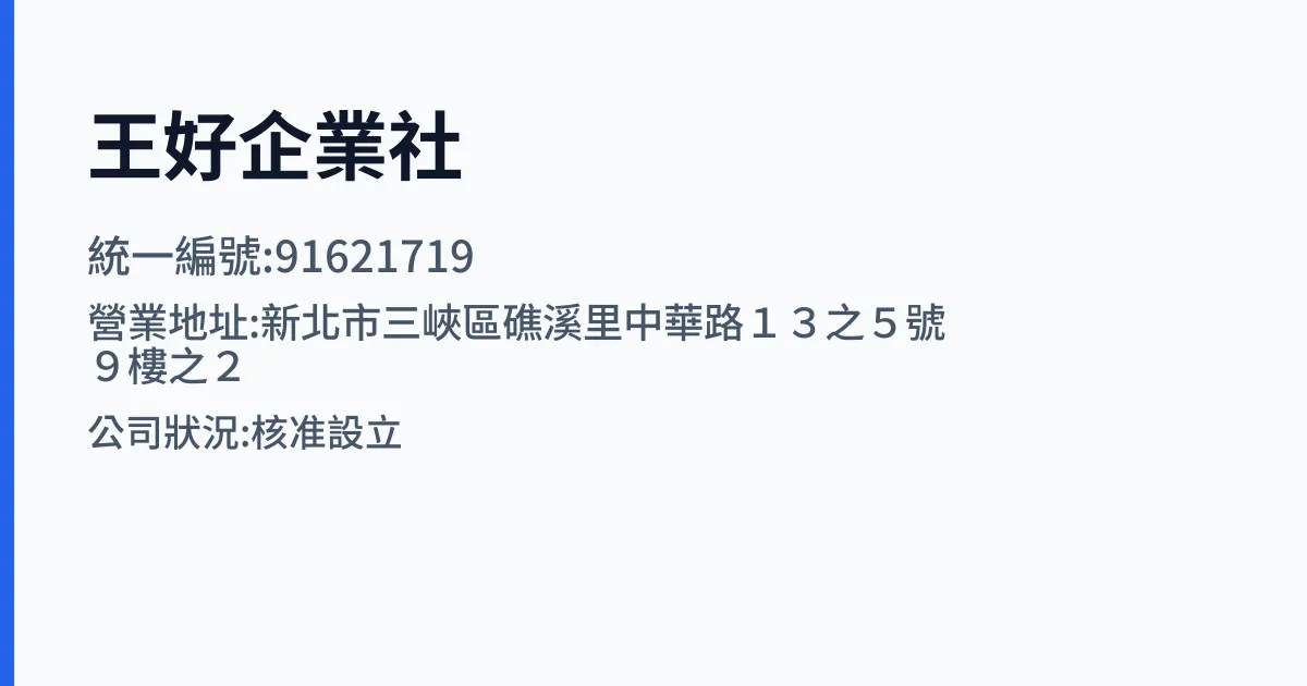 王好企業社 - 統編 91621719(新北市) 公司登記資料與營業項目詳細圖表