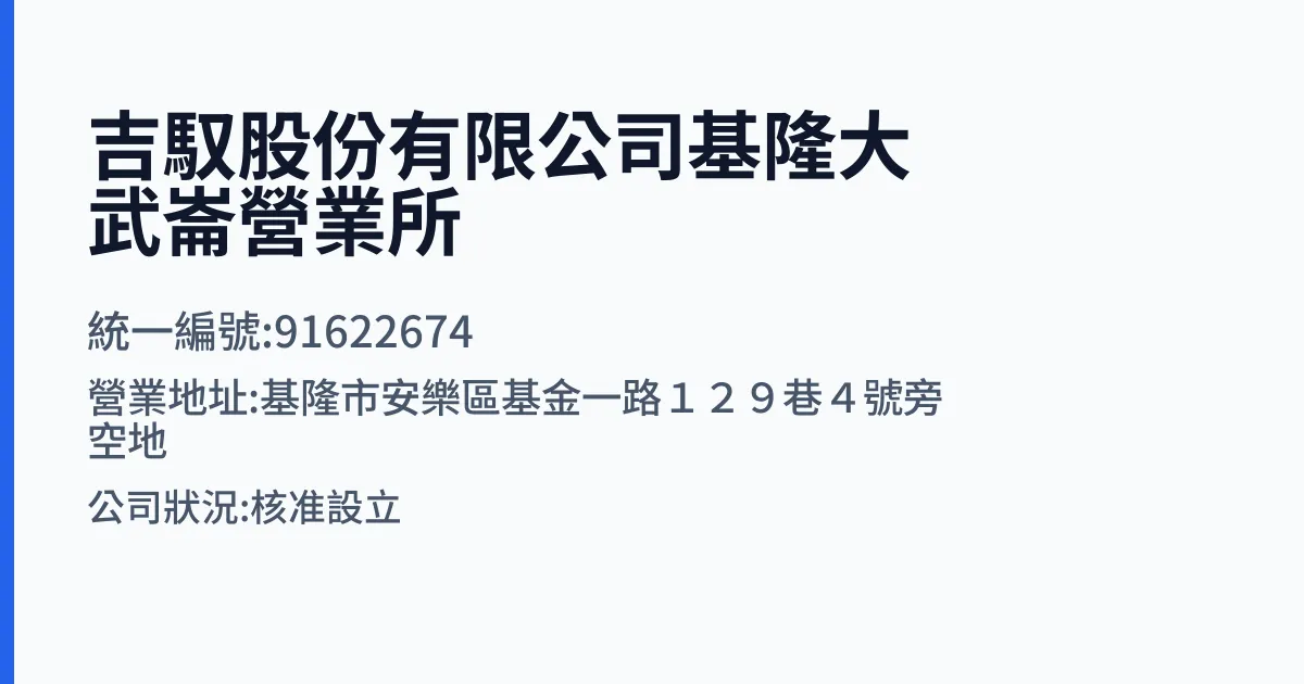 吉馭股份有限公司基隆大武崙營業所 - 統編 91622674（基隆市） 公司登記資料與營業項目詳細圖表