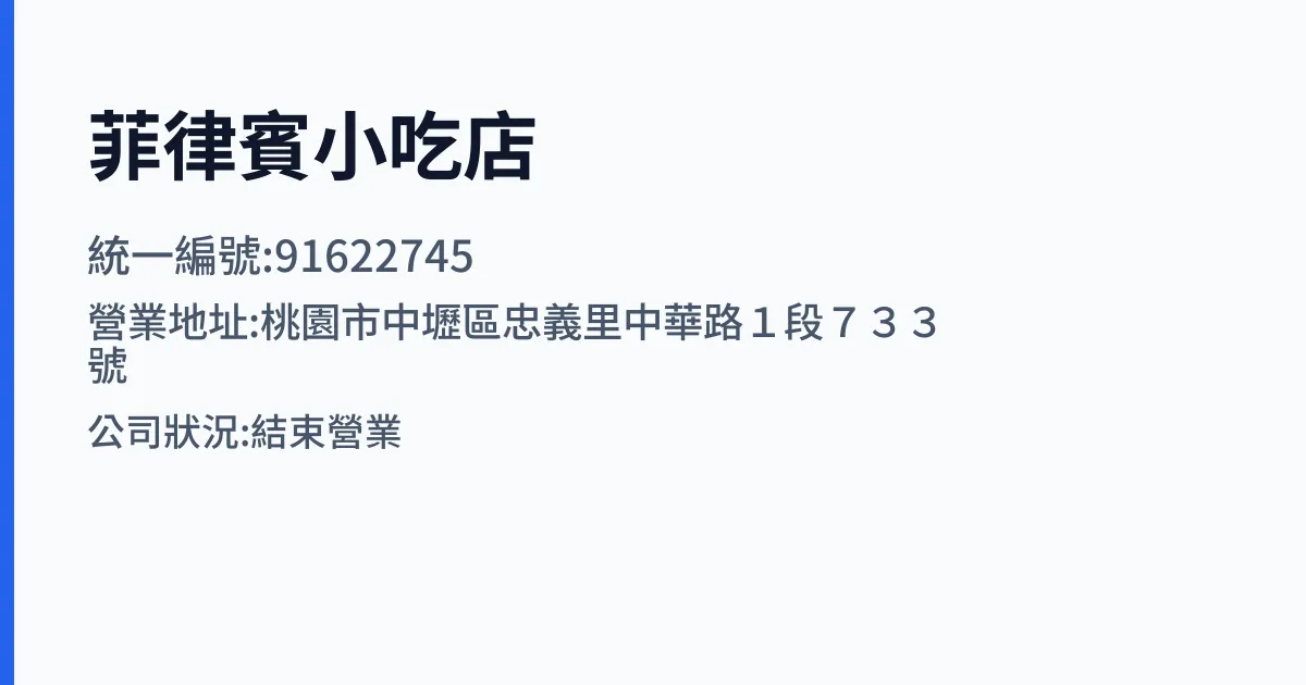 菲律賓小吃店 - 統編 91622745(桃園市) 公司登記資料與營業項目詳細圖表