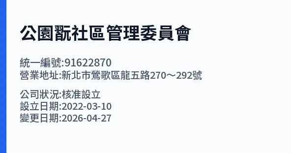 公園翫社區管理委員會的照片-統編 91622870(新北市) 公司登記資料與營業項目詳細圖表