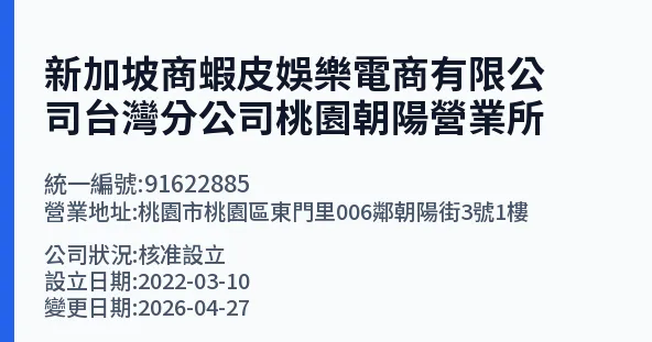 新加坡商蝦皮娛樂電商有限公司台灣分公司桃園朝陽營業所的照片-統編 91622885(桃園市) 公司登記資料與營業項目詳細圖表