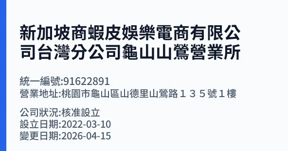 新加坡商蝦皮娛樂電商有限公司台灣分公司龜山山鶯營業所的照片-統編 91622891(桃園市) 公司登記資料與營業項目詳細圖表