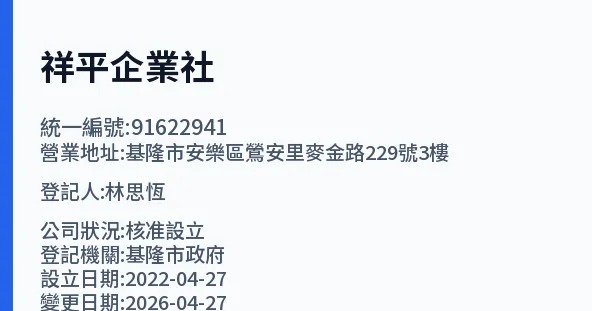 祥平企業社的照片-統編 91622941(基隆市) 公司登記資料與營業項目詳細圖表
