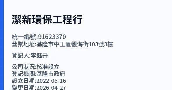 潔新環保工程行的照片-統編 91623370(基隆市) 公司登記資料與營業項目詳細圖表