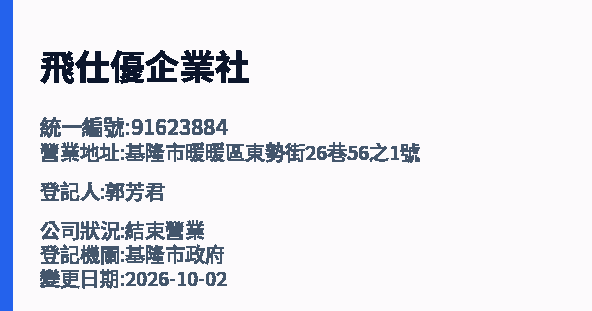 飛仕優企業社的照片-統編 91623884(基隆市) 公司登記資料與營業項目詳細圖表
