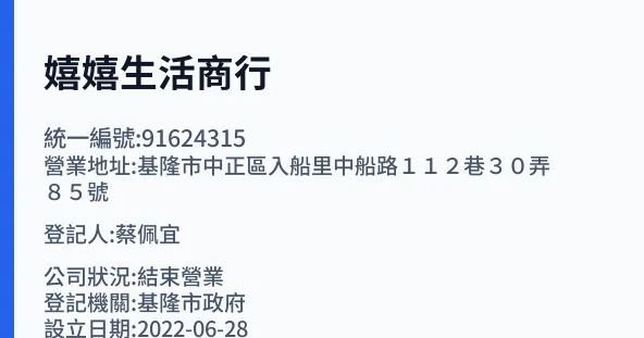 嬉嬉生活商行的照片-統編 91624315(基隆市) 公司登記資料與營業項目詳細圖表