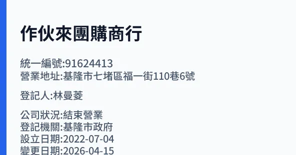 作伙來團購商行的照片-統編 91624413(基隆市) 公司登記資料與營業項目詳細圖表