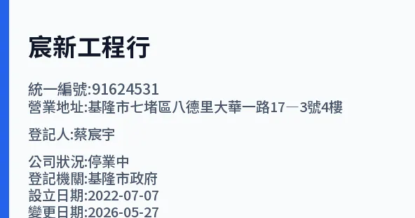 宸新工程行的照片-統編 91624531(基隆市) 公司登記資料與營業項目詳細圖表
