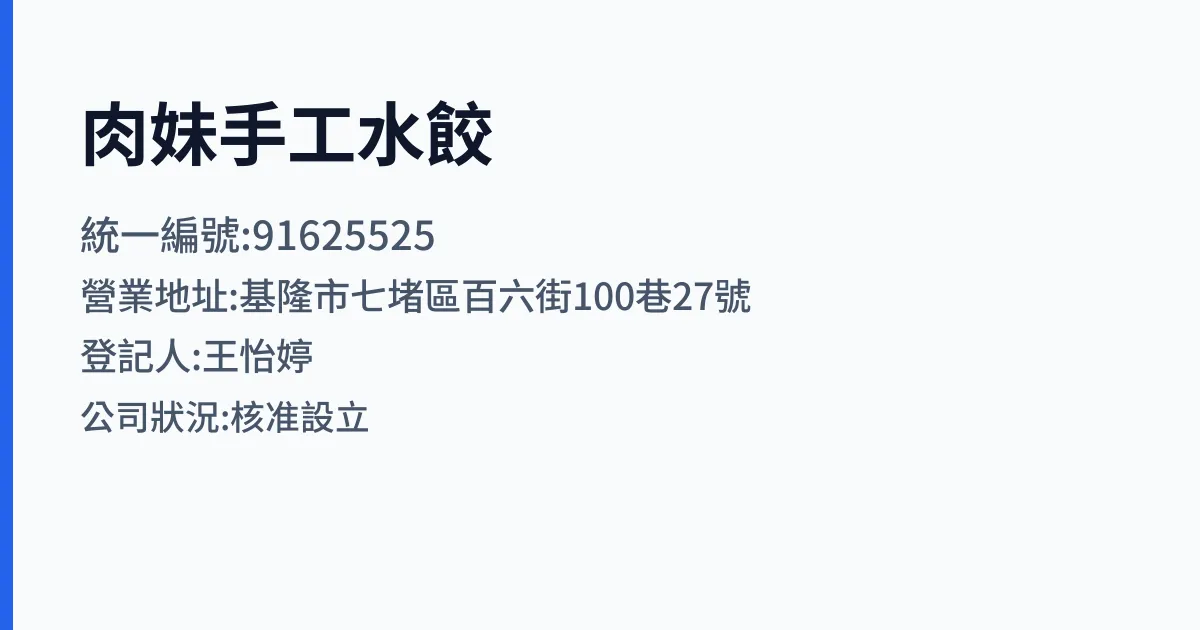 肉妹手工水餃 - 統編 91625525(基隆市) 公司登記資料與營業項目詳細圖表