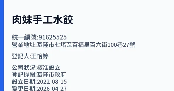 肉妹手工水餃的照片-統編 91625525(基隆市) 公司登記資料與營業項目詳細圖表