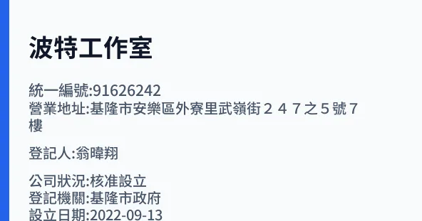 波特工作室的照片-統編 91626242(基隆市) 公司登記資料與營業項目詳細圖表