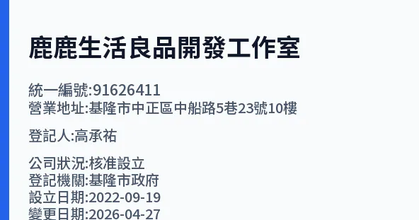 鹿鹿生活良品開發工作室的照片-統編 91626411(基隆市) 公司登記資料與營業項目詳細圖表