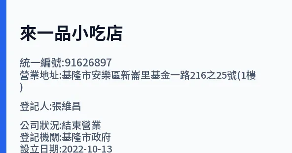 來一品小吃店的照片-統編 91626897(基隆市) 公司登記資料與營業項目詳細圖表