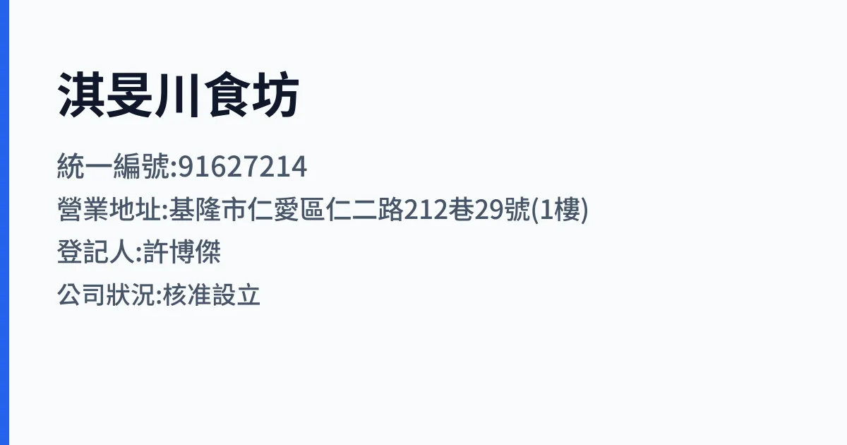 淇旻川食坊 - 統編 91627214(基隆市) 公司登記資料與營業項目詳細圖表