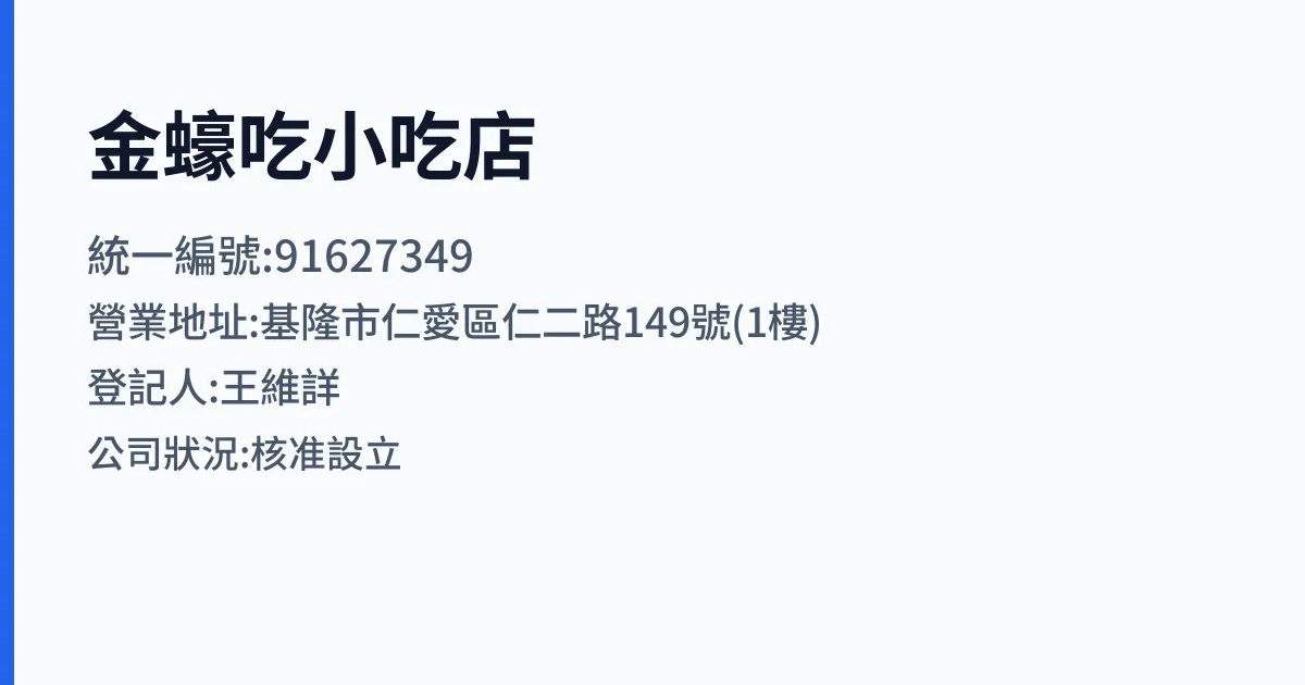 金蠔吃小吃店 - 統編 91627349(基隆市) 公司登記資料與營業項目詳細圖表
