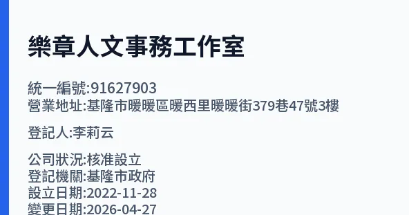 樂章人文事務工作室的照片-統編 91627903(基隆市) 公司登記資料與營業項目詳細圖表