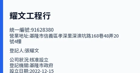 耀文工程行的照片-統編 91628380(基隆市) 公司登記資料與營業項目詳細圖表