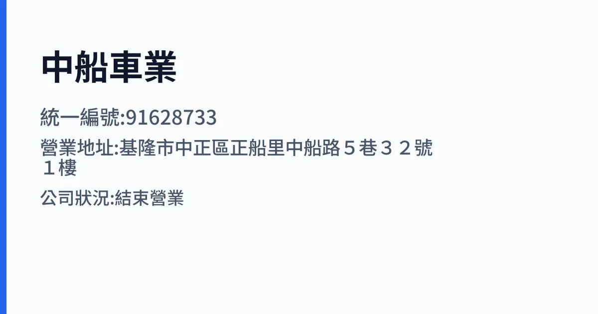 中船車業 - 統編 91628733(基隆市) 公司登記資料與營業項目詳細圖表