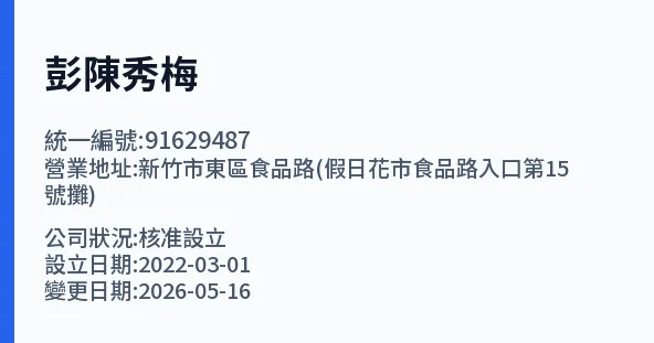 彭陳秀梅的照片-統編 91629487(新竹市) 公司登記資料與營業項目詳細圖表