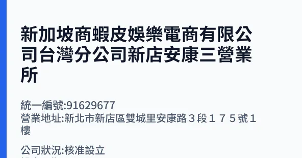 新加坡商蝦皮娛樂電商有限公司台灣分公司新店安康三營業所的照片-統編 91629677(新北市) 公司登記資料與營業項目詳細圖表